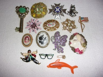 Vintage Rhinestone 16PC Brooch Lot Coro Flowers Key Cat Butterfly | eBay