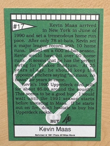 Kevin Maas 1991 BALLSTREET GOLD Card #17, NM-MT, RARE! | eBay