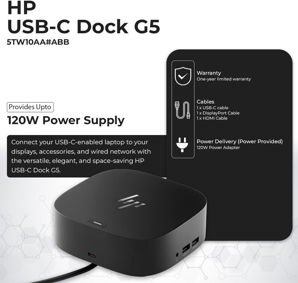 HP USB-C G5 Docking Station HDMI DisplayPort RJ45 with 120w HP Power ...