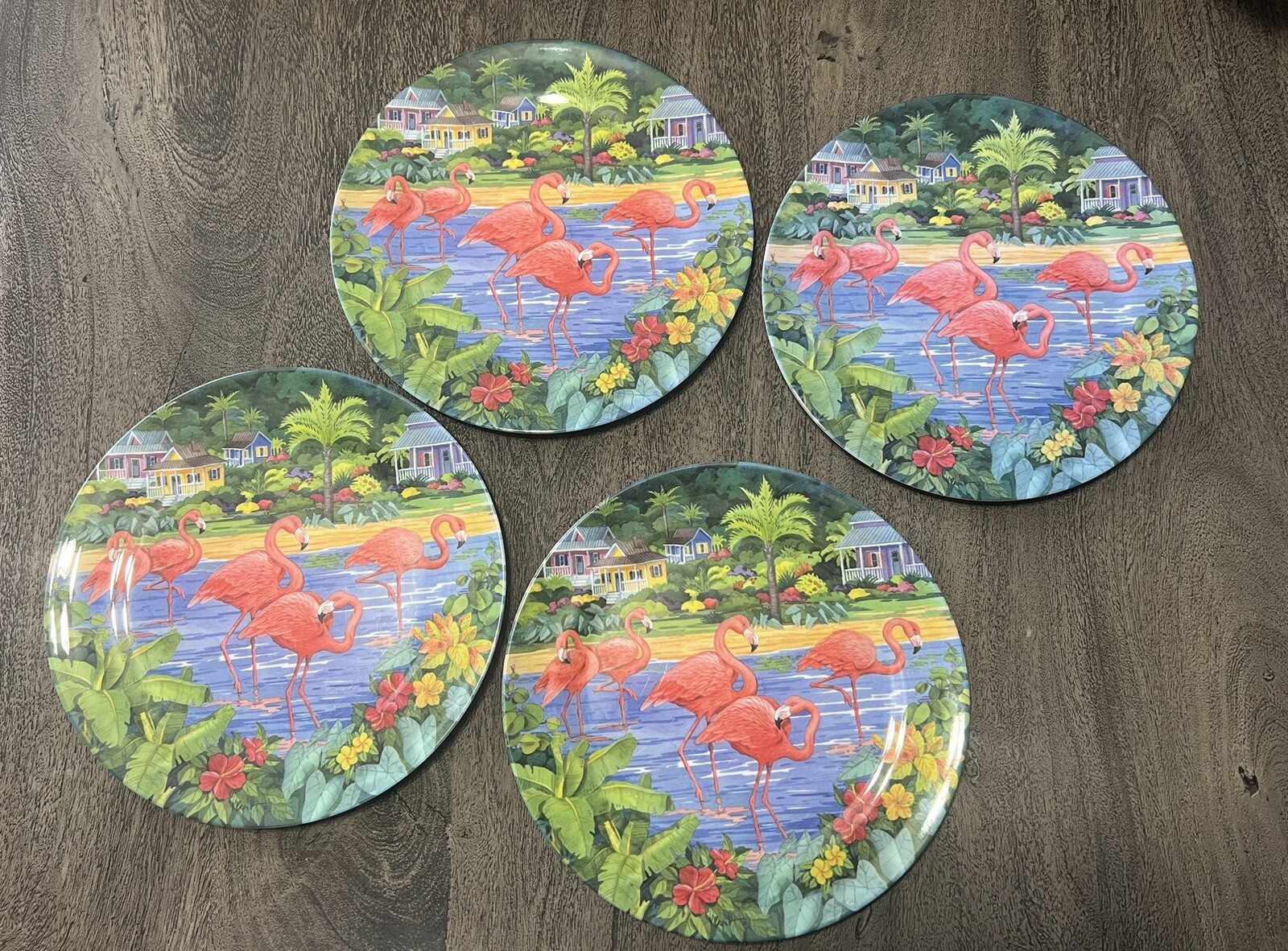 NEW Pink Flamingo Tropical Melamine 11" Dinner Plates Set of 4 Sakura ...