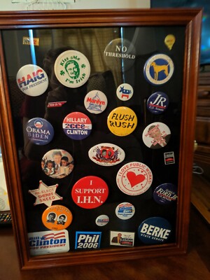 political pins in wood locked display case walnut stained 19"x14"x2.5 ...