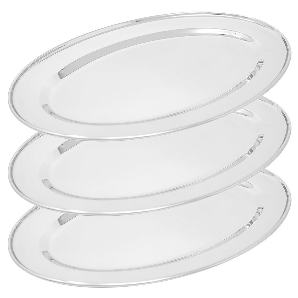 3 X STAINLESS STEEL OVAL RICE TRAY PLATE SERVING DISH PLATTER MEAT ...