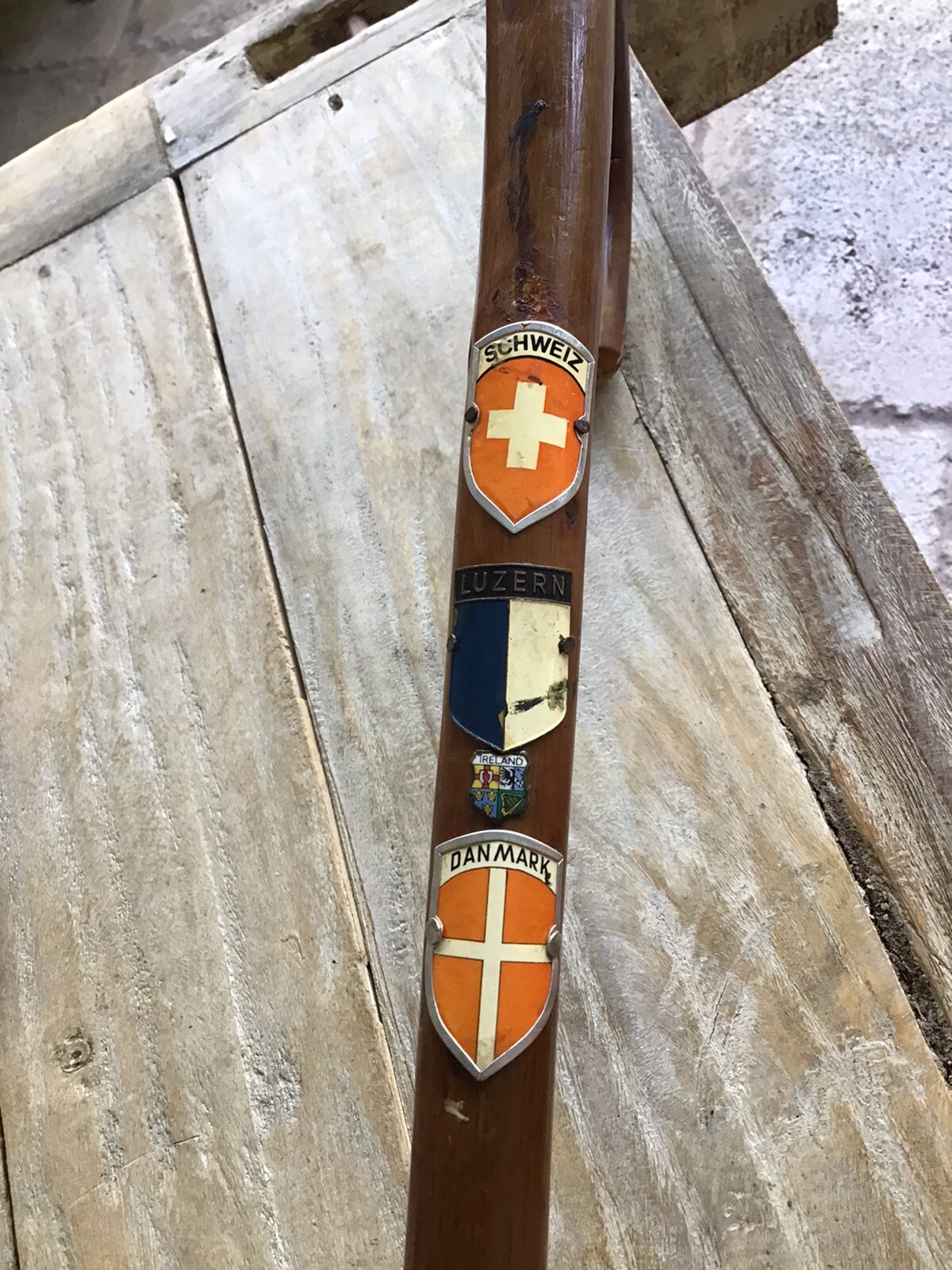 1930 Vintage alpine walking stick with metal medallio… - Gem