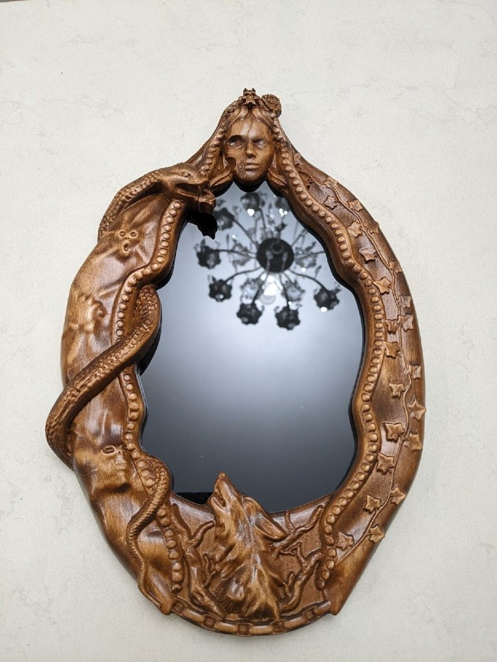 Scrying mirror Goddess Hell Wall mirror décor Natural wood Pagan Altar ...