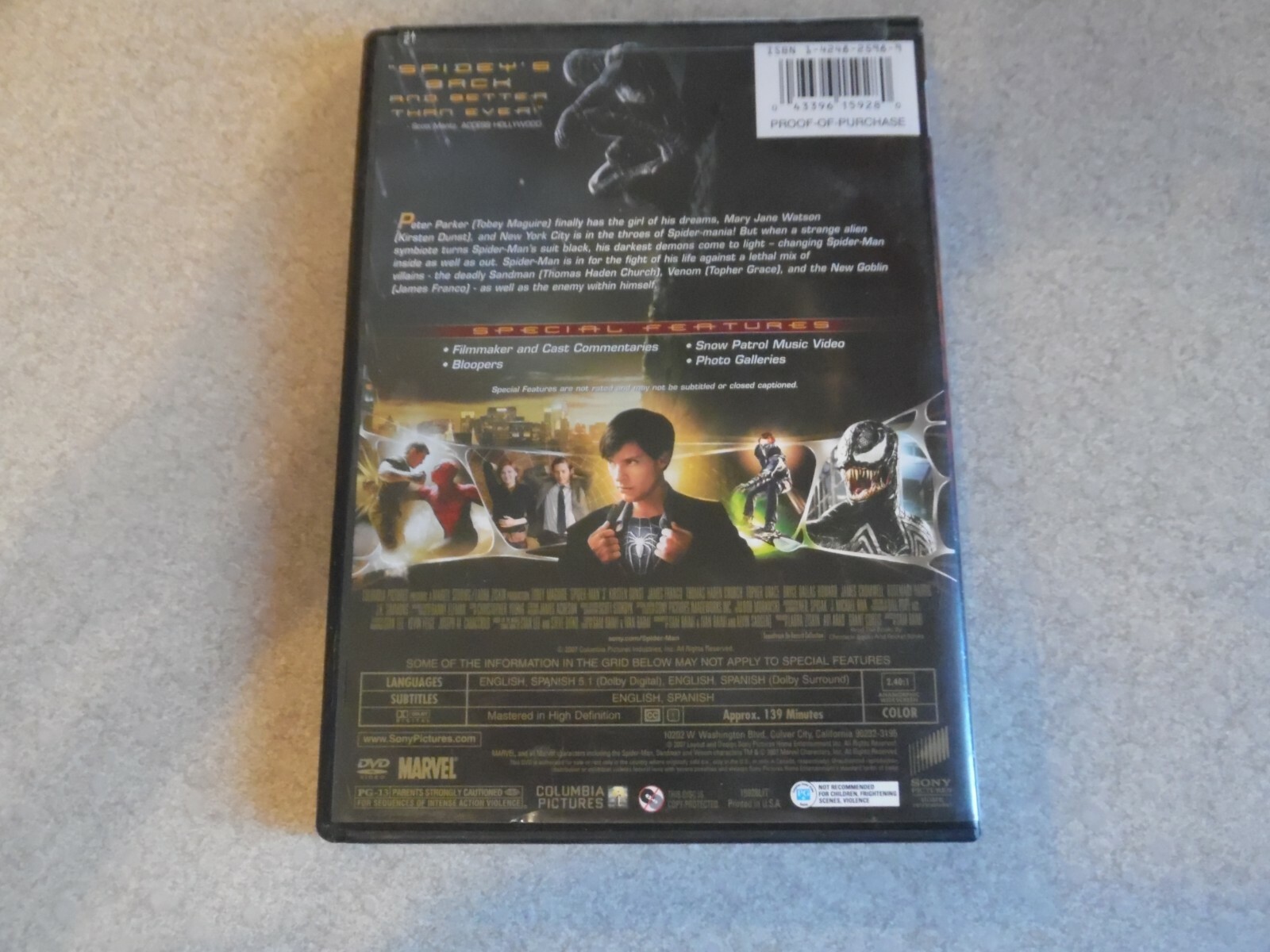 Spider-Man 3 DVD Comic Book Movie Tobey Maguire James Franco Kirsten ...