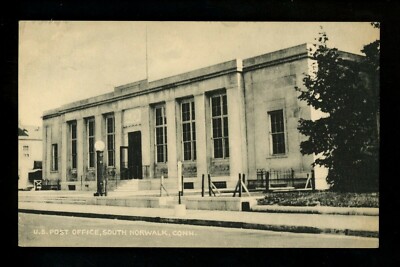 Post Office postcard Connecticut CT South Norwalk street lamp trees ...