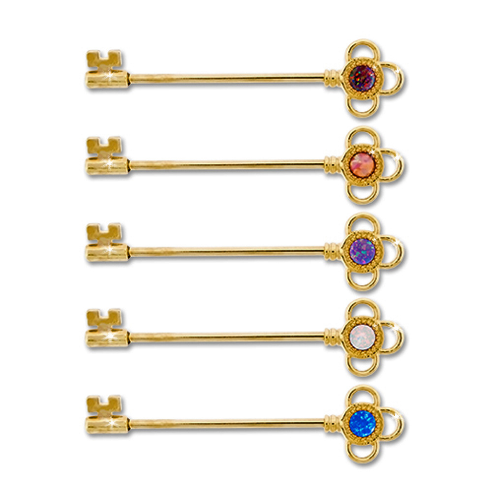 14g GOLD TONE w/ FIRE OPAL CLOVER SKELETON KEY Industrial Barbell Ear ...