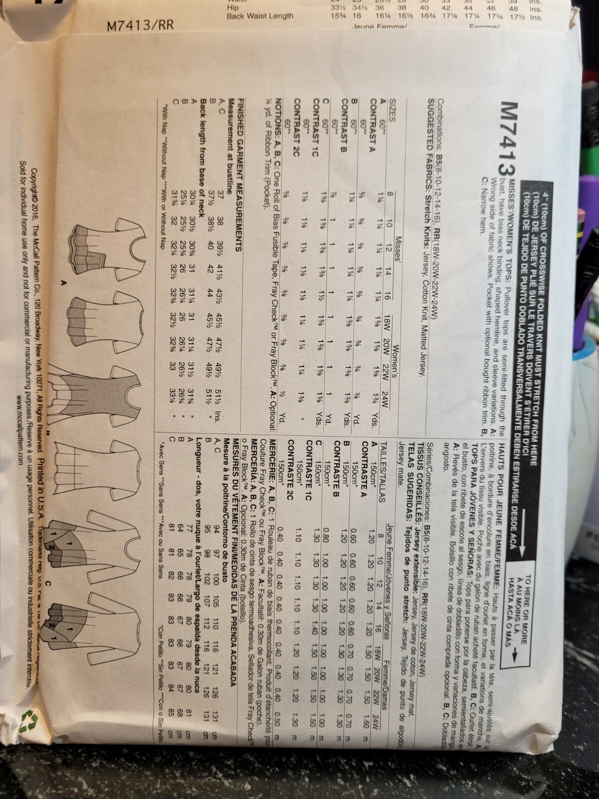 MCCALLS sew PATTERN 7413 MISSES ASYMMETRICAL HEM pullover TOP SIZE 18w ...