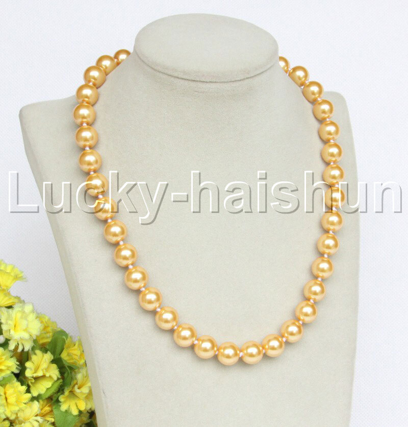 18" 12mm round golden yellow south sea shell pearls necklace 18KGP ...