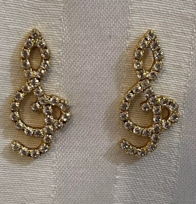Clear Rhinestone Treble Clef Earrings Stud Gold Tone Music Note Post 1. ...