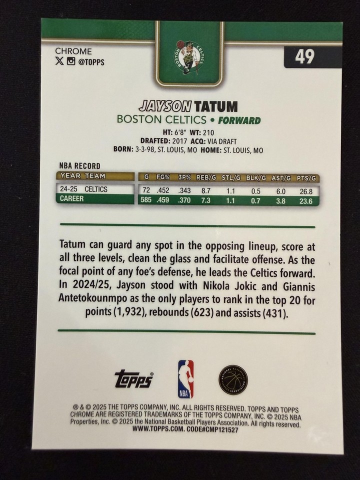 #49 Jayson Tatum 2025-26 Topps Chrome SN #/10 Boston Celtics Black ...