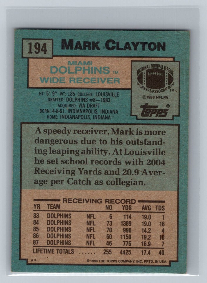 1988 Topps #194 Mark Clayton Miami Dolphins | eBay