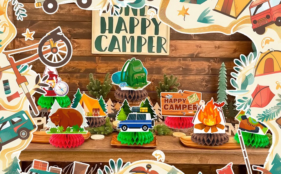 Adventure Party Decorations Camping Honeycomb Centerpiece, 9pcs Camper ...