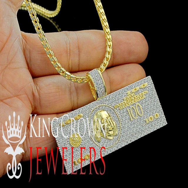 14K Yellow Gold Finish Cash $100 Bill Money Lab Diamond Mens Pendant ...