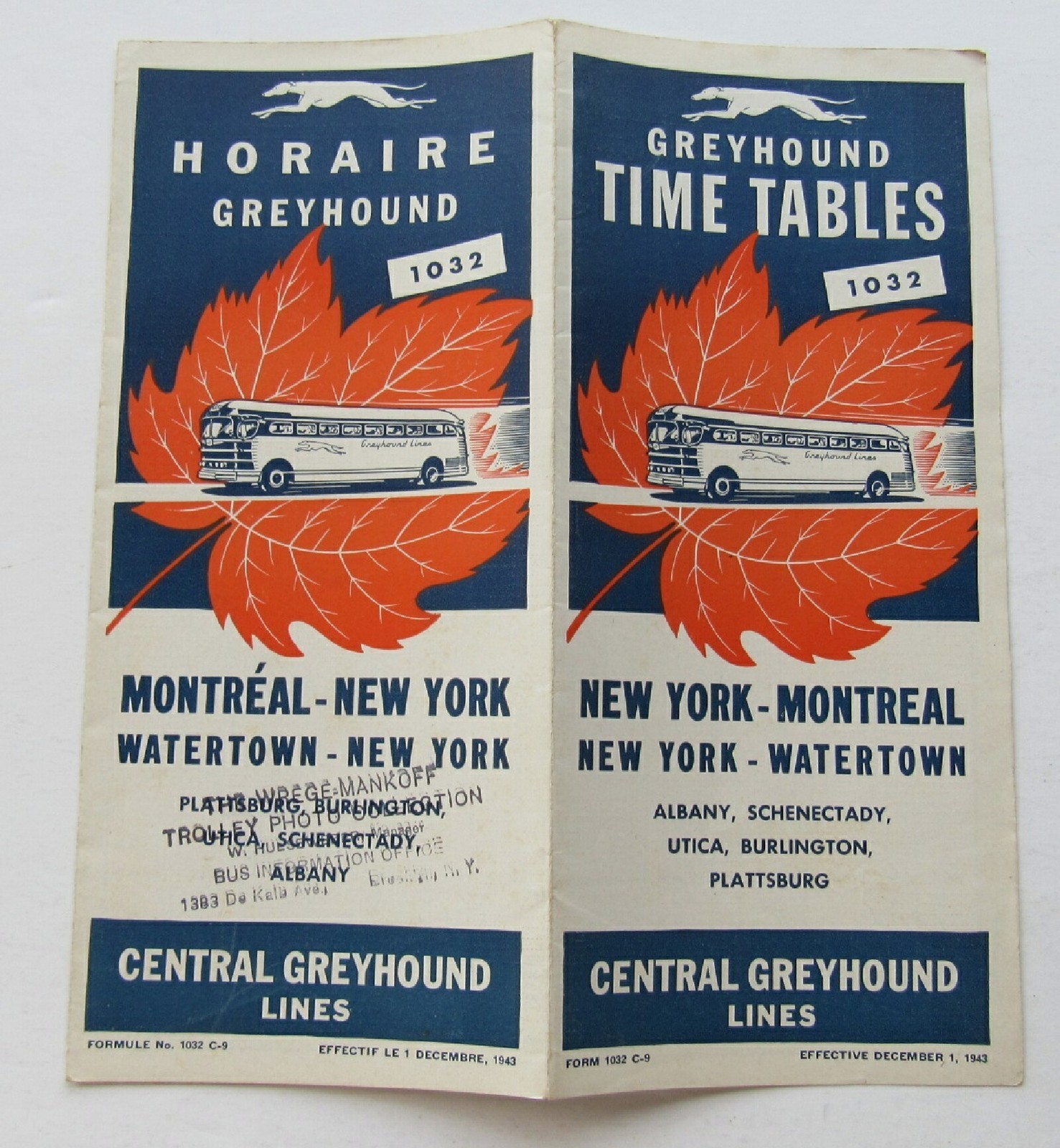 Greyhound Bus Lines Timetable Montreal- New York/ Watertown New York ...