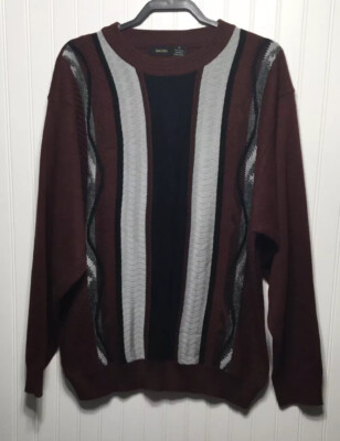 GACHU Men’s XL Crew Neck Knit Pullover Sweater Burgundy Striped Print ...
