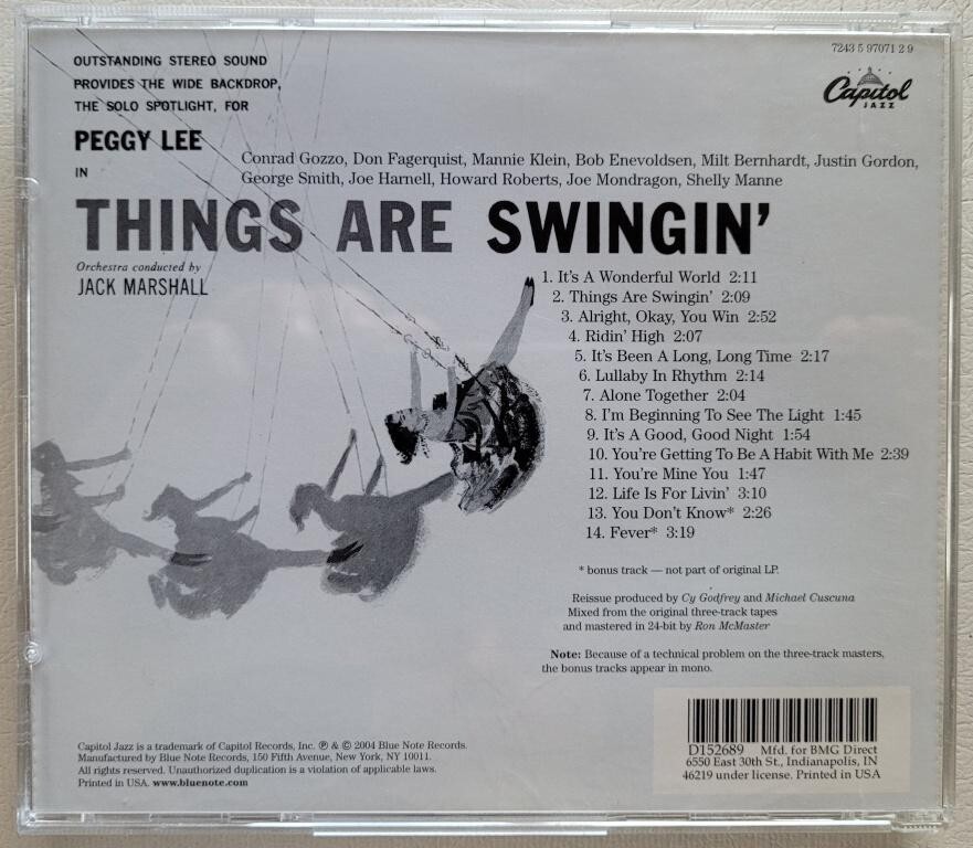 PEGGY LEE - Things Are Swingin' CD w/ bonus cuts Capitol Jazz reissue ...