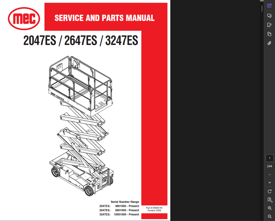 MEC 2647ES LEGACY SCISSOR MAN LIFT OWNERS SERVICE PARTS MANUAL PDF ON ...
