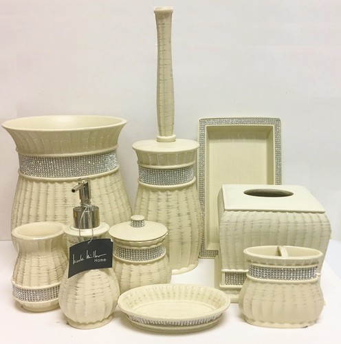 NICOLE MILLER 9 PC SET RESIN BEIGE+SILVER CLEAR CRYSTAL SOAP DISPENSER ...