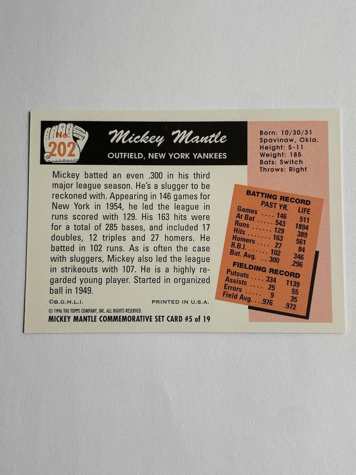 1996 Topps Mickey Mantle Commemorative #5 Yankees 1955 Bowman Reprint ...