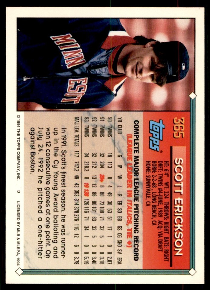 1994 Topps Gold Scott Erickson B Baseball Cards #365 | eBay