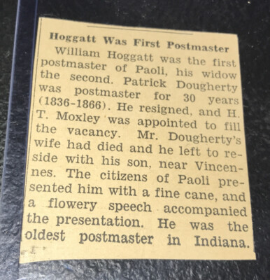 1935 Hoggatt Was First Postmaster Newspaper Article - Paoli - Indiana ...