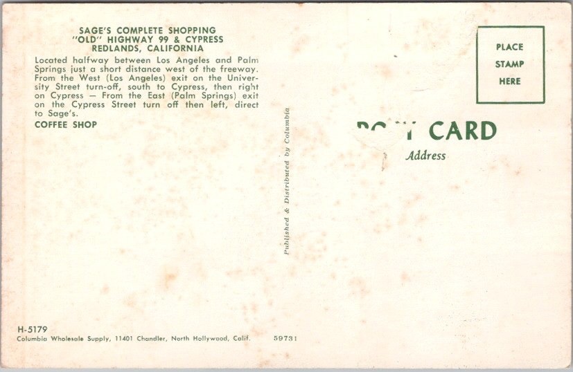 Vintage REDLANDS, California Postcard "SAGE'S COMPLETE SHOPPING" Coffee ...