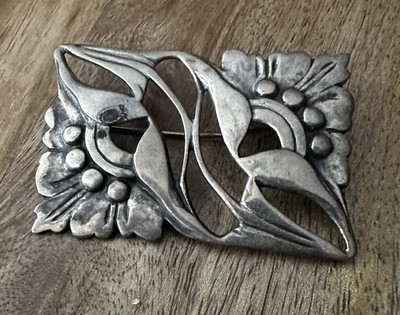 925 Silver Vintage Antique Openwork Double Flower Rectangle Brooch Pin ...