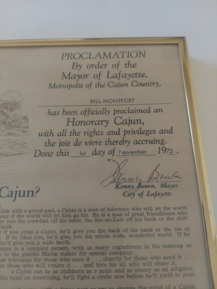Framed proclamation declaring Bill Montfort an "Honorary Cajun" . 1973 ...