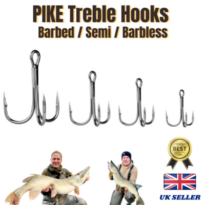 TREBLE HOOKS Pike Fishing Size 2 4 6 8 Pike Rigs Barbed Semi Barbless ...