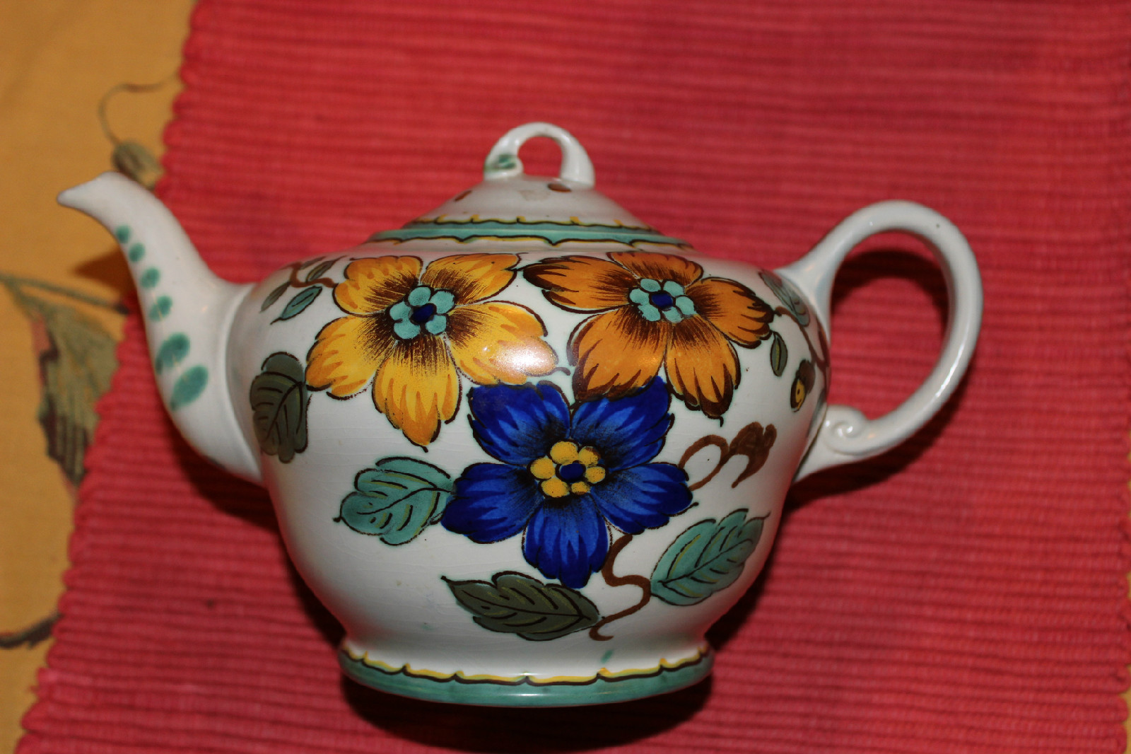 Vintage Musical Pottery Teapot Painted Flowers Bold Colors Large Teapot ...