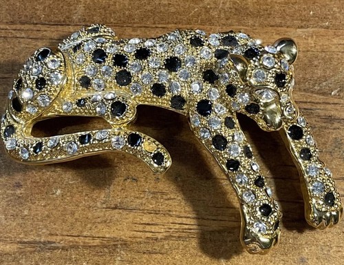 Large Vintage Goldtone Rhinestone Leopard Shoulder Pin Brooch 3” X 3 1/ ...
