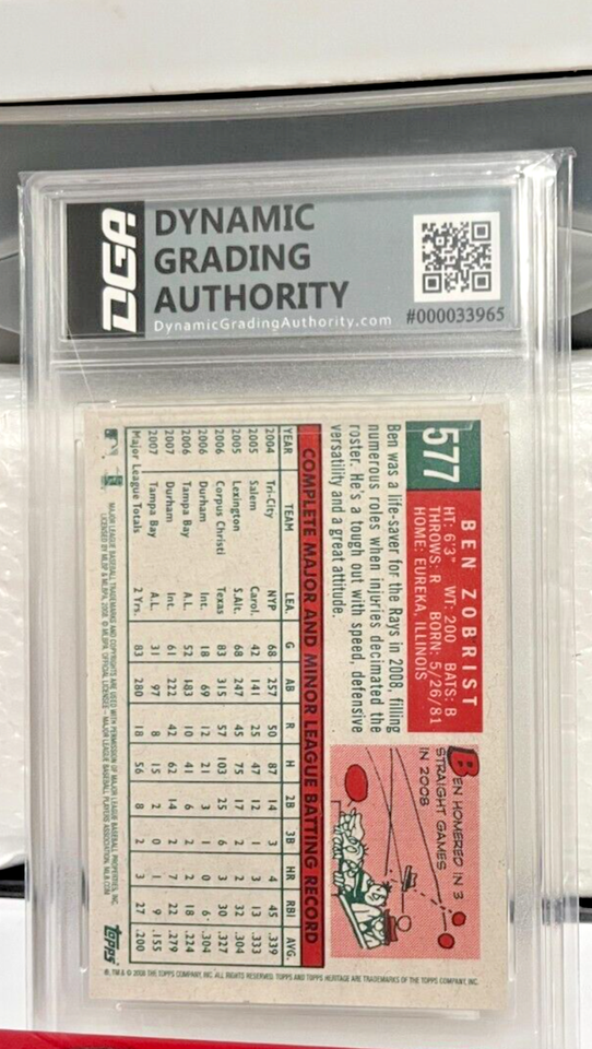 2008 Topps (Heritage) SIGNED: Ben Zobrist, RAYS #577 DGA Card 8.5 & DGA ...