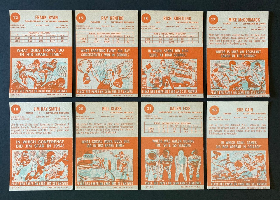 Cleveland Browns 1963 Topps Team Lot (8 Cards) Frank Ryan Ray Renfro ...