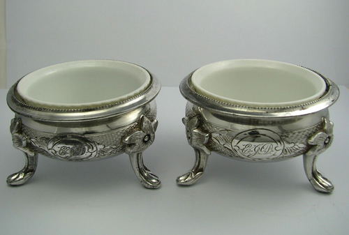 2 FRENCH SILVER PLATED SALT CELLARS PORCELAIN LINERS France c1890s Used ...