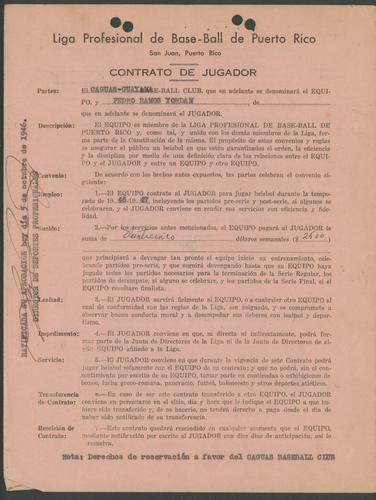 VTG BASEBALL PLAYER CONTRACT / PEDRO RAMOS YORDAN / PUERTO RICO 1946-47 ...
