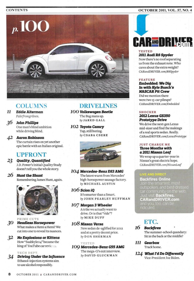 Car and Driver Magazine Best Handling Test Audi A6 Passat VW Beetle ...