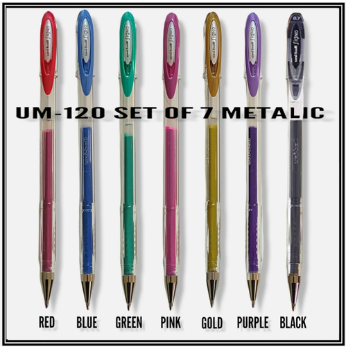 UNI-BALL SIGNO UM-120 GEL INK ROLLER BALL PEN x 7 METALIC COLOURS AS ...