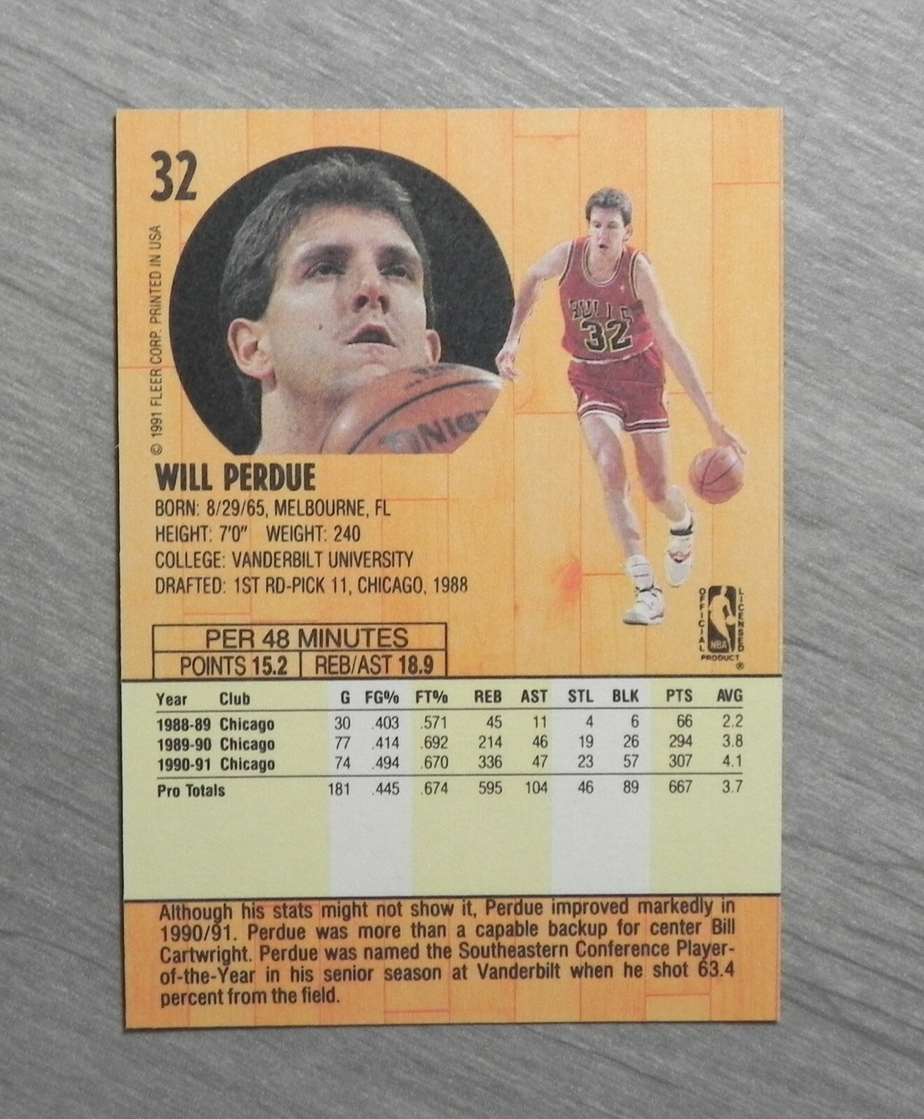 Will Perdue EXACT 1991 Fleer Card #32 _ BULLS _ LOW MAIL COST _ VERY ...
