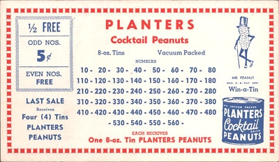 1940s PLANTERS COCKTAIL PEANUTS vintage store card game MR. PEANUT ...