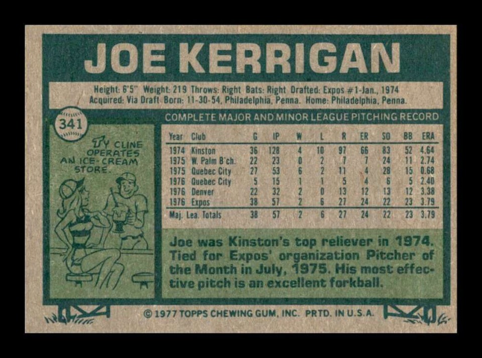 1977 Topps Joe Kerrigan #341 Montreal Expos Rookie RC | eBay