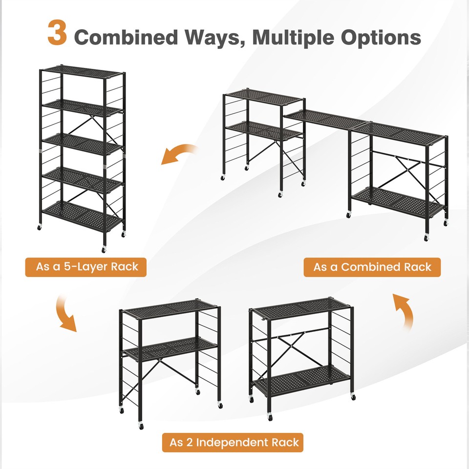 Foldable 5-Tier Storage Shelves Adjustable Collapsible Organizer Rack w ...