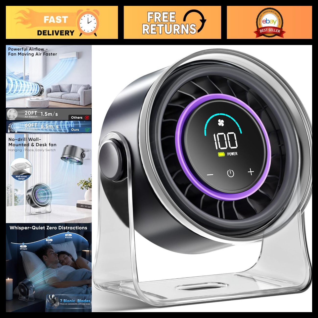 Portable Desk Fan with Turbo Airflow, 100 Speeds, Quiet 360° Tilt ...