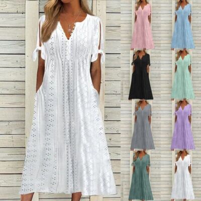 Ladies V Neck Long Dresses Women Summer Holiday Hawaiian Short Sleeve ...