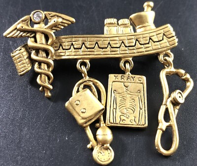Beautiful Hospital Nurse RN Doctor Gold Tone Dangle Charms Brooch 2" Gl ...