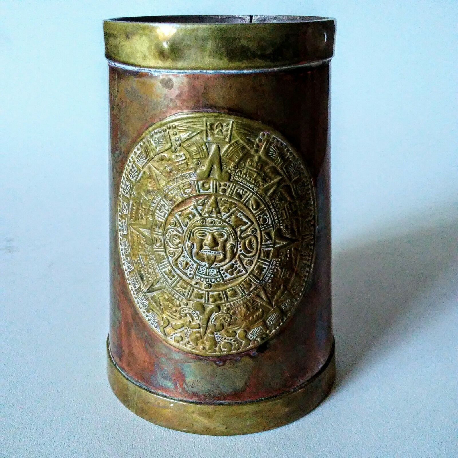 Vintage Brass Copper Mayan Aztec Mexico Mug | Grelly USA