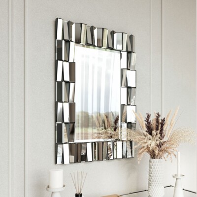 Grey Silver Wall Mounted Rectangle Mirror 3D Effect Contemporary Modern ...