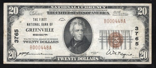1929 $20 GREENVILLE, MS NATIONAL BANK NOTE MISSISSIPPI CURRENCY 00448 ...