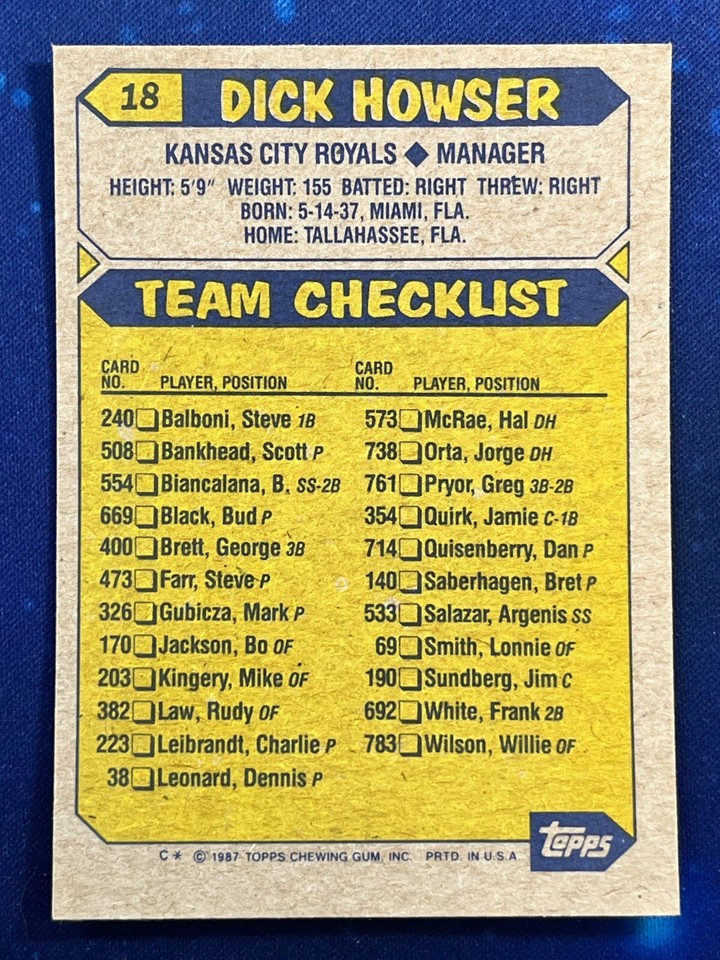 1987 Topps Manager #18 Dick Howser Kansas City Royals | eBay