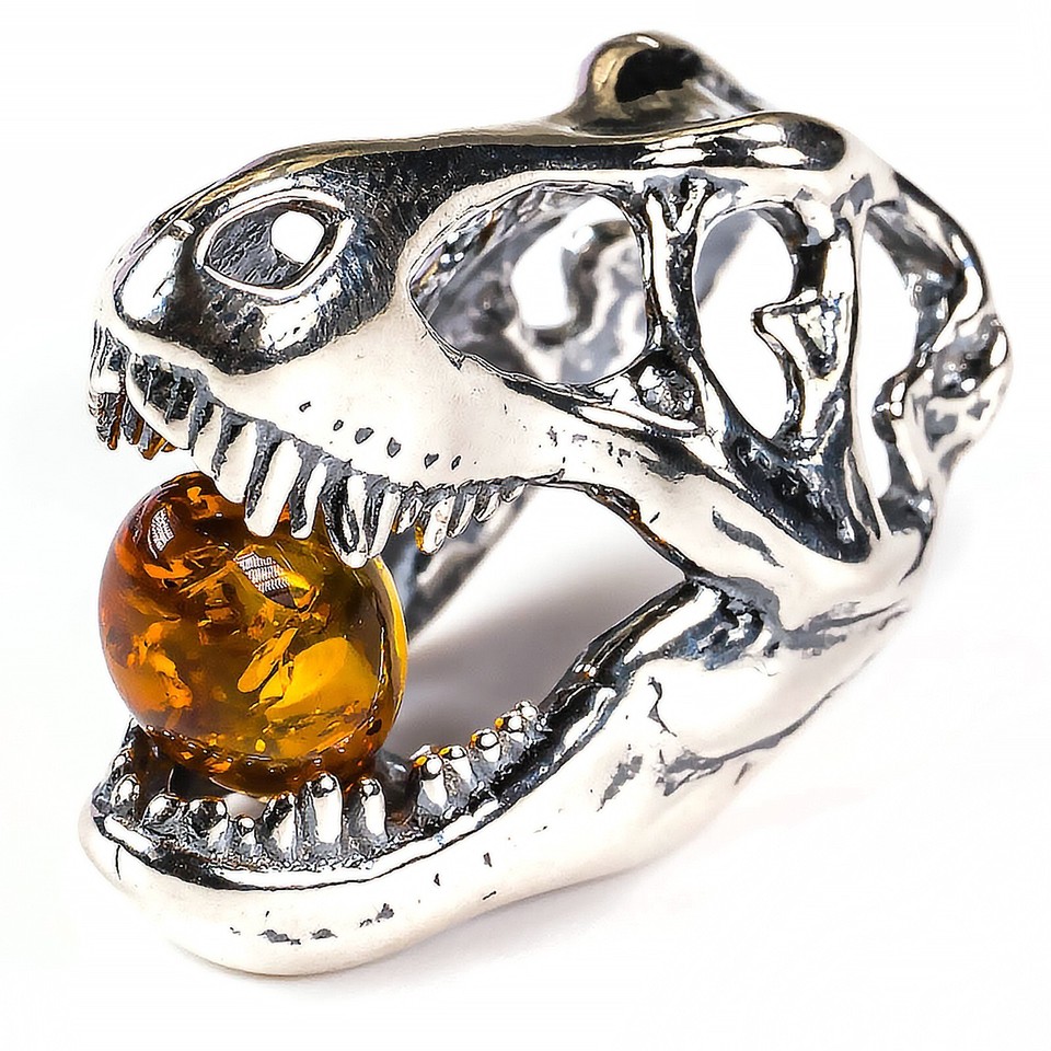 925 Solid Sterling Silver Honey Baltic Amber Jurassic Park T-Rex Slider ...